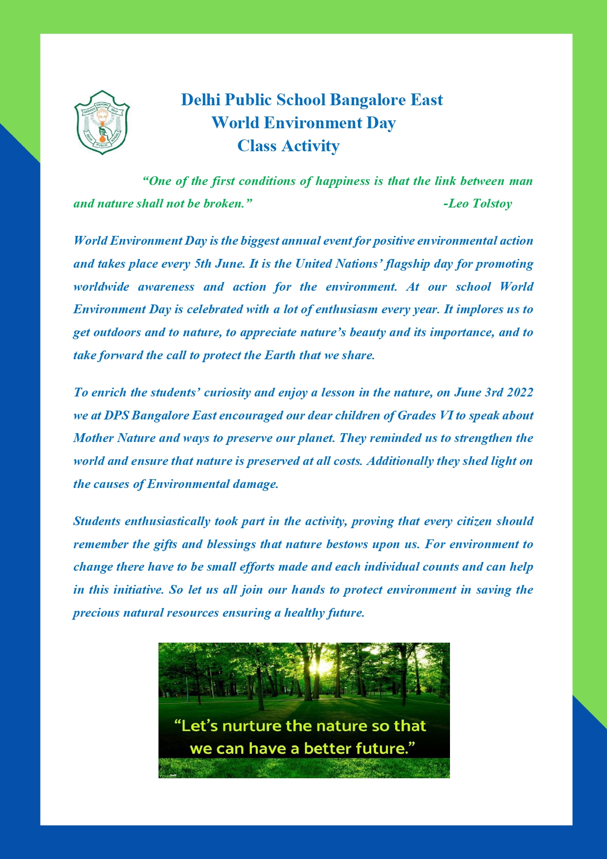 World Environment Day Celebrations – Grade VI - DPS BANGALORE